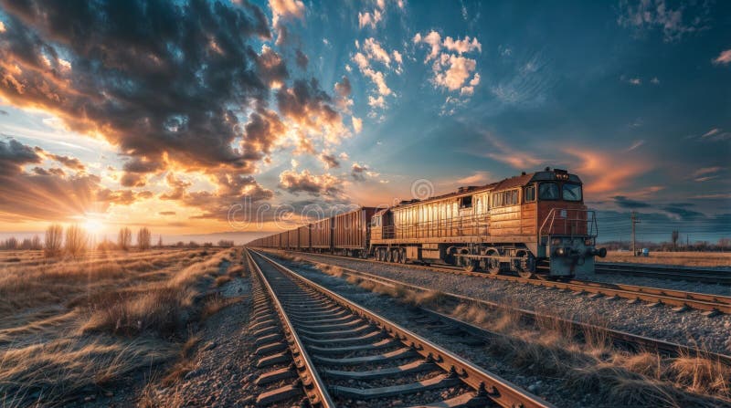 Freight Train on Railway Track at Sunset with Dramatic Clouds Stock ...