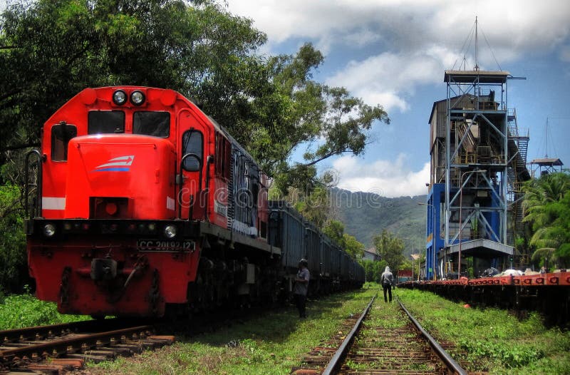 Freight Train with Red Locomotive in Coal Loading Station Editorial ...