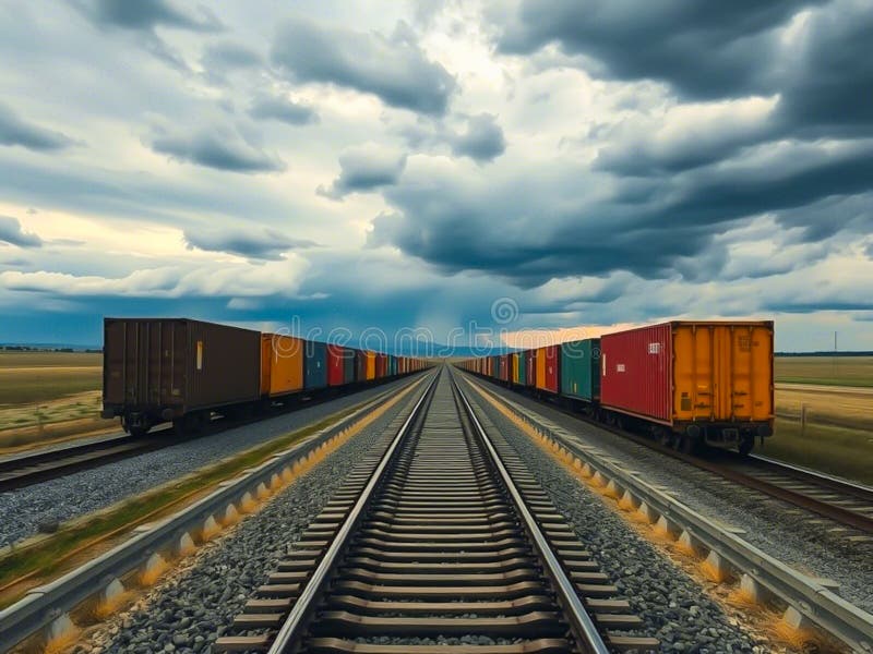 Freight Train on a Remote Railway Under Dramatic Skies Stock Image ...
