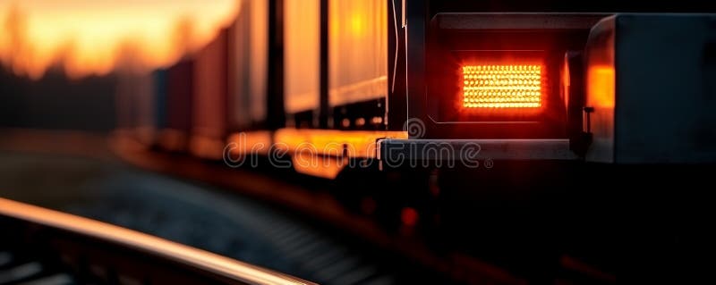 A Freight Train S Illuminated Rear Light Glows Brightly at Sunset ...