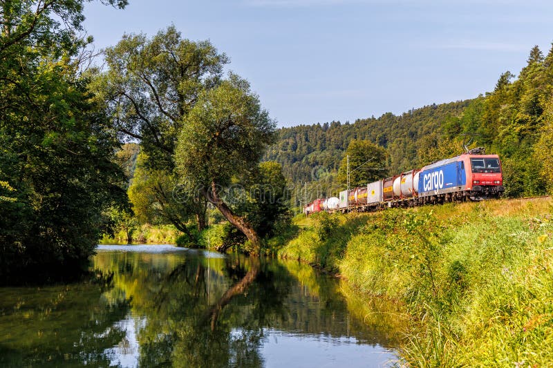 Freight Train of Schweizerische Bundesbahnen SBB Cargo on Gaeubahn ...