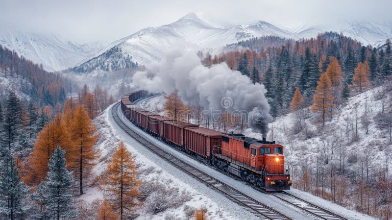 A Freight Train Skillfully Navigates a Scenic Snowy Mountain Pass ...