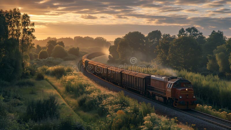 Freight Train at Sunrise stock illustration. Illustration of foliage ...
