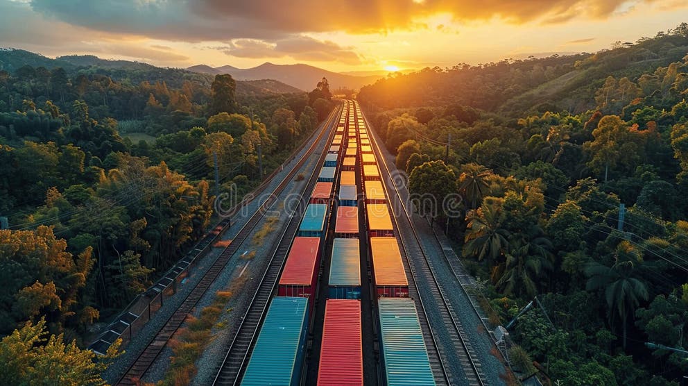 Freight Train at Sunset through Lush Greenery. Generative AI Stock Illustration - Illustration ...
