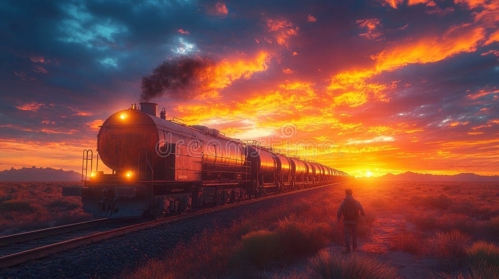 Freight train at sunset stock illustration. Illustration of clouds ...
