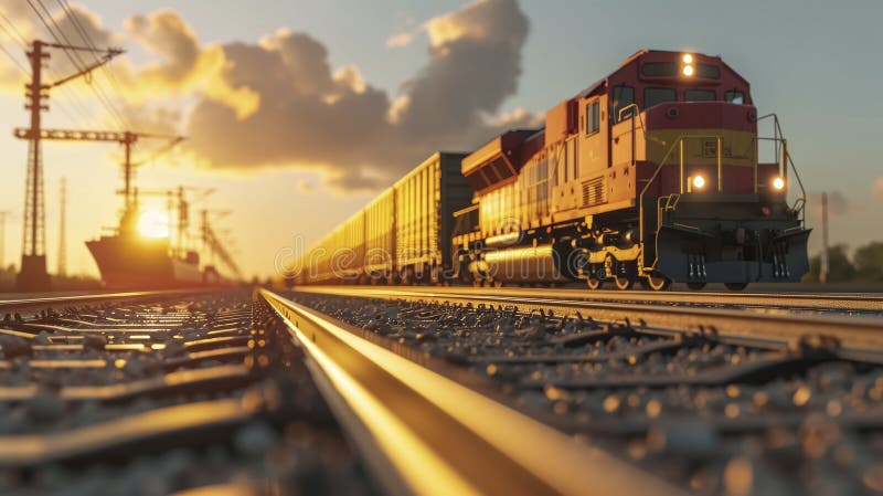 Freight Train at Sunset on Railway Stock Image - Image of ...