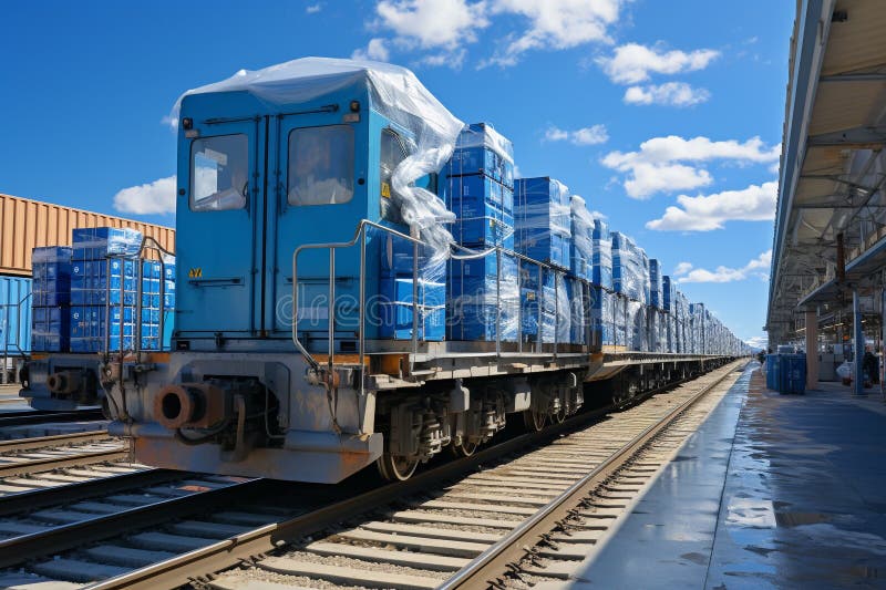 Freight Train on the Tracks. Pallets with Goods on the Platform Stock ...