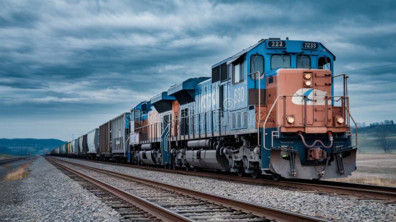 Freight Train on Tracks Under a Vast Sky with Clouds, Showcasing Modern ...