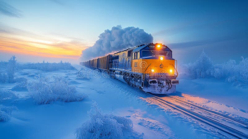 Freight Train Transporting Cargo through Snow Covered Landscape during ...
