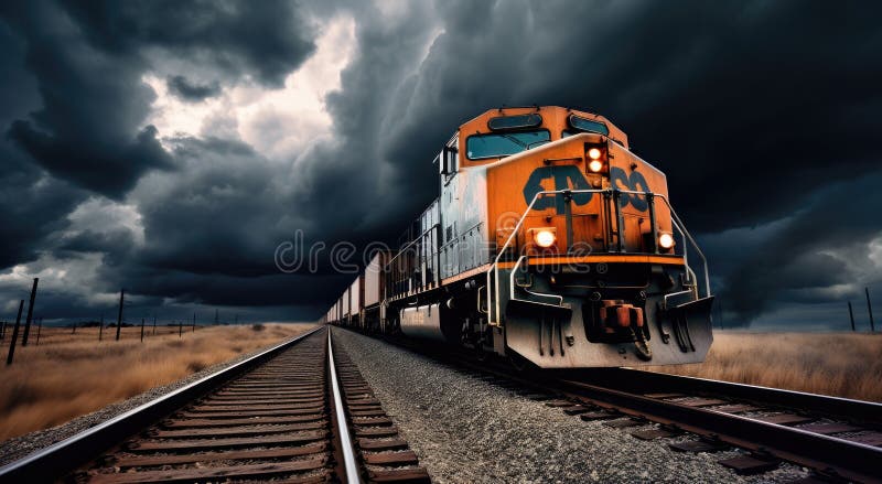 A Freight Train Traveling Down a Railroad Track with Dark Clouds Behind ...