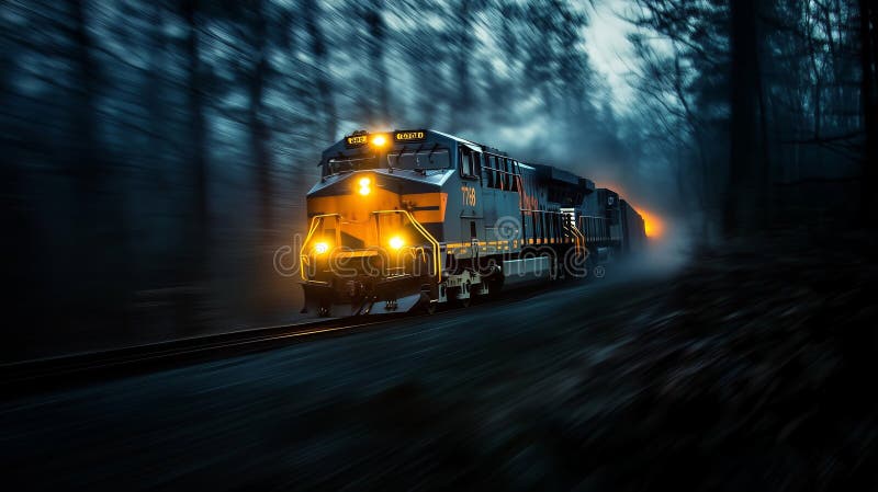 Freight Train Traveling at Night through Forest Stock Photo - Image of ...