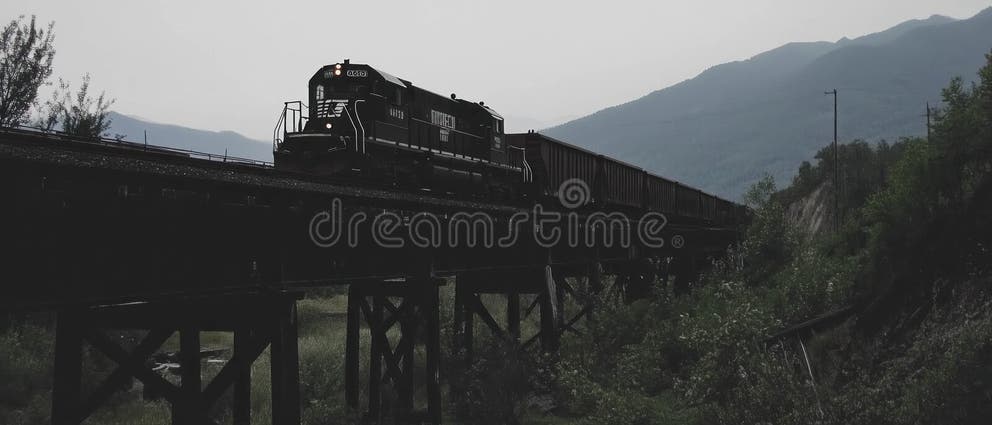 Freight Train Crosses an Elevated Bridge with Mountains in the ...