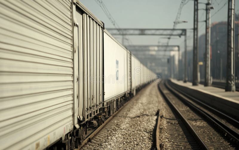 Freight Train on Urban Railway Tracks Stock Illustration - Illustration ...