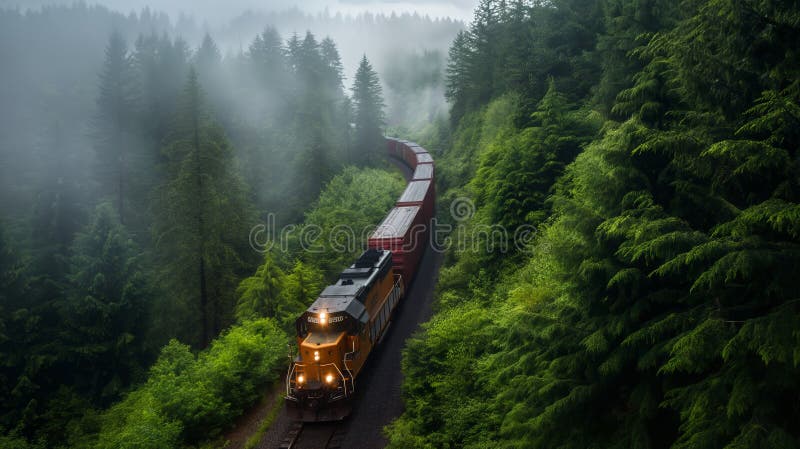 Freight Train Winding through a Misty Forest Landscape Stock Image ...