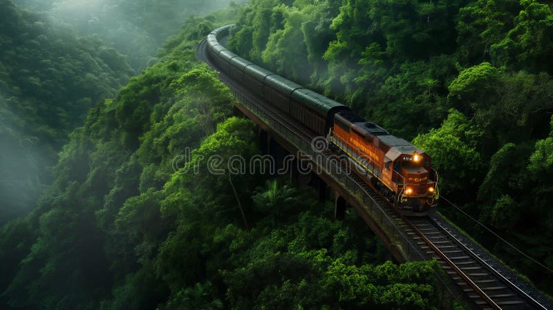 Freight Train Winding through a Misty Forest Landscape Stock Image ...