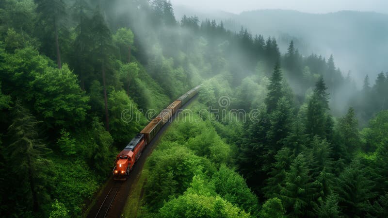 Freight Train Winding through a Misty Forest Landscape Stock Image ...