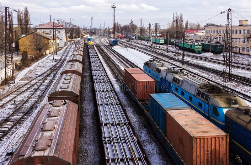Freight Trains with Carriages at the Station. Top View Stock Image ...