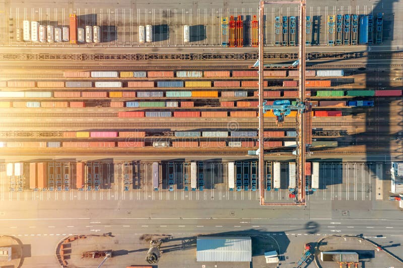 Freight Trains from Containers at a Container Terminal. Aerial View of ...
