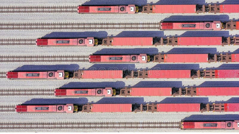 Freight Trains Hauling a Long Load of Shipping Containers. Stock Image ...