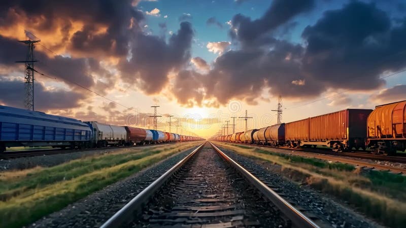 Freight Trains on Parallel Tracks at Sunset. Industrial Railway ...