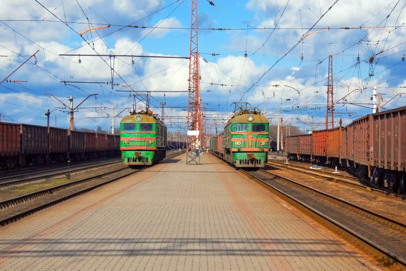 Freight Trains Passing Station Stock Image - Image of path, business ...