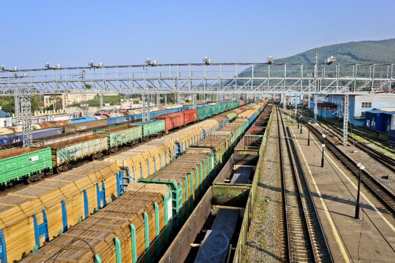 Freight Trains at the Railway Sorting Station. Rail Cargo Transit Stock ...