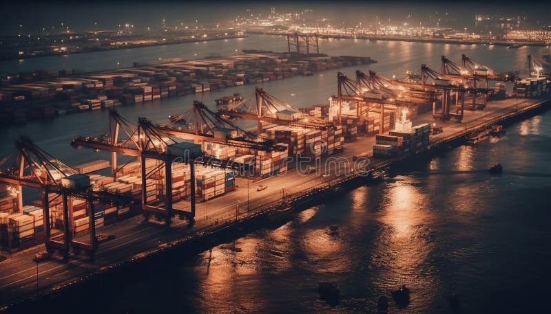 Freight Transportation at Commercial Dock, Illuminated at Night ...