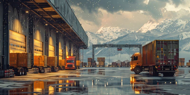 Freight Trucks at a Warehouse Loading Dock during a Gentle Snowfall ...