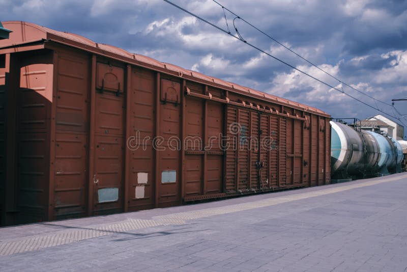 Freight Wagon Brown Container Rides on Rail Stock Photo - Image of ...