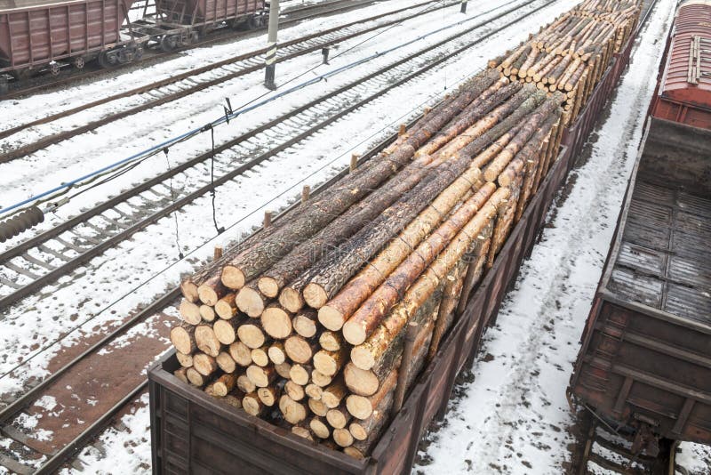 Freight wagons with logs stock image. Image of stack - 153204349