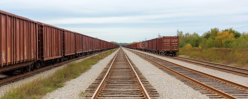 Long Train Tracks with Freight Wagons in Perspective, Creating ...