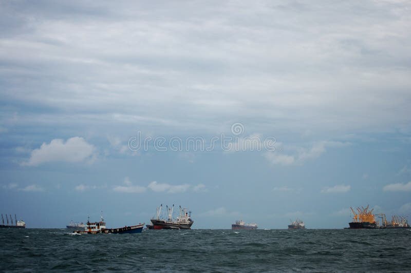 Freighter Cargo Ship Floating in Sea Ocean Wait Queue Transfer Goods ...