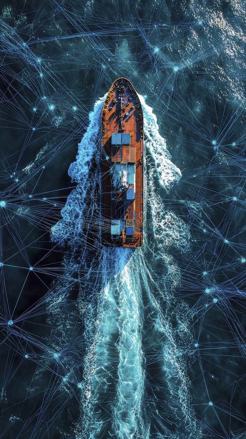 Freighter Ship on Blue Ocean Linked by Digital Lines Stock Illustration ...