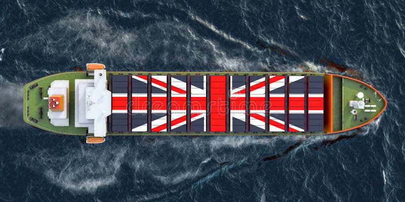 Freighter Ship with British Cargo Containers Sailing in Ocean, 3D ...