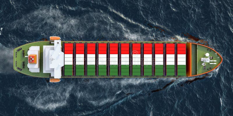 Freighter Ship with Hungarian Cargo Containers Sailing in Ocean, 3D ...