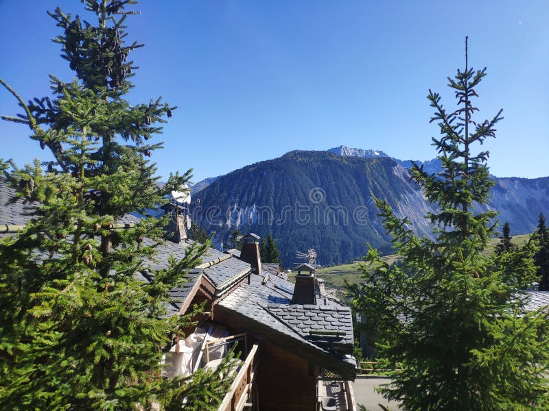 French Alps Day with Trees and House Blue Sky Stock Image - Image of ...
