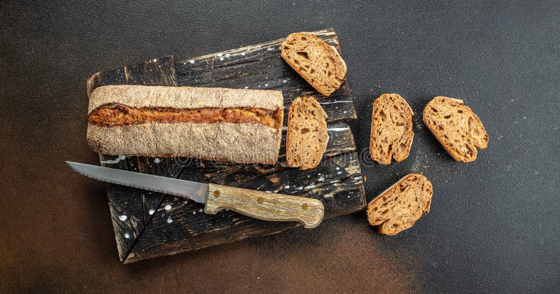 French Baguette Bread Sliced on Dark Concrete Background, Long Banner ...