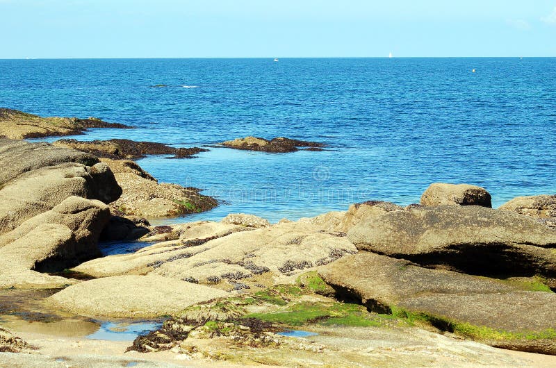 French Sea Shore with Wild Waves and Rocks Stock Photo - Image of ...