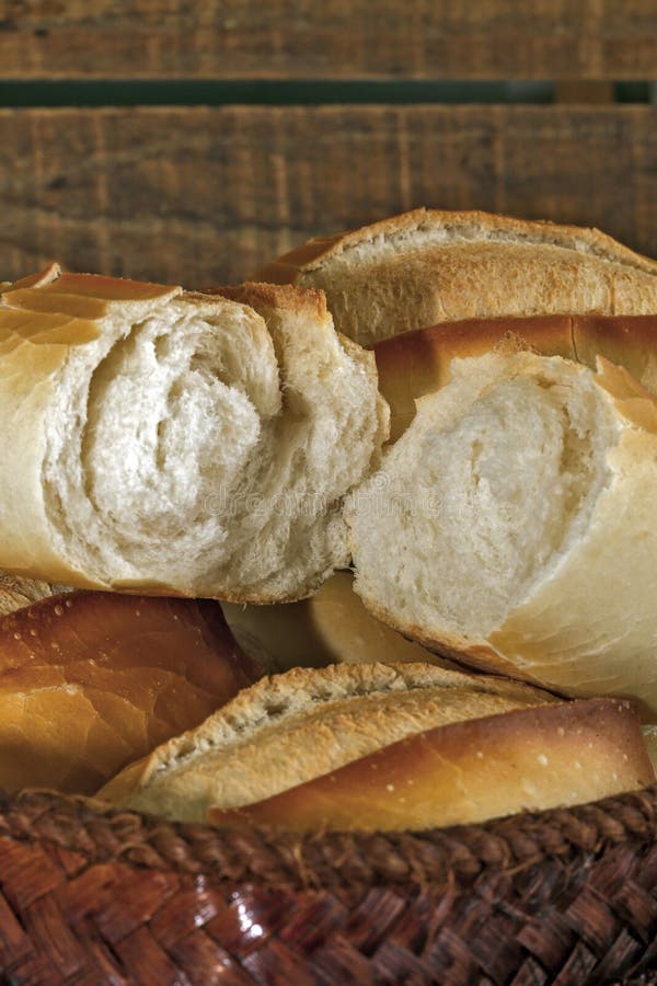 French Bread Basket on Rustic Wooden Background Stock Image - Image of ...