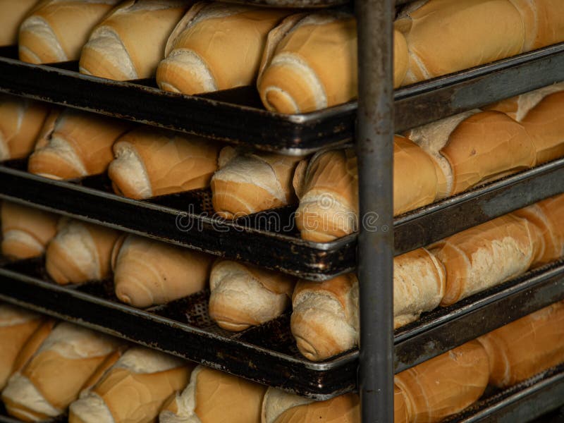 French Bread in Production Inside the Bakery Stock Photo - Image of ...