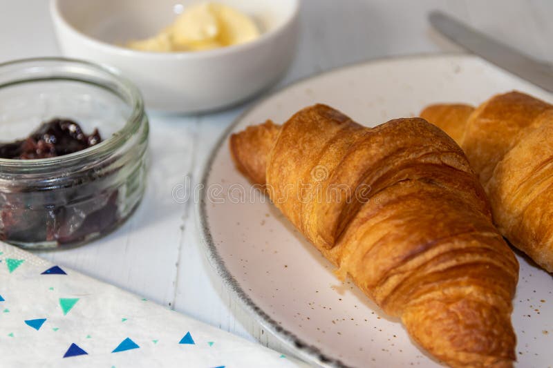 French Breakfast with Croissants with Butter and Damson Jam Stock Image ...