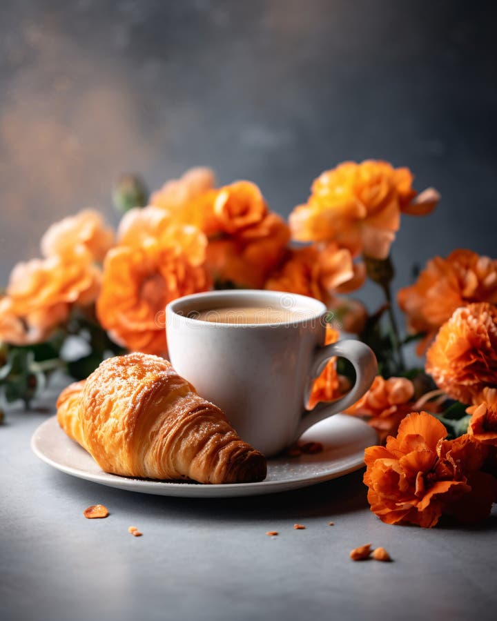 French Breakfast with Coffee and Croissant with Flowers Stock ...