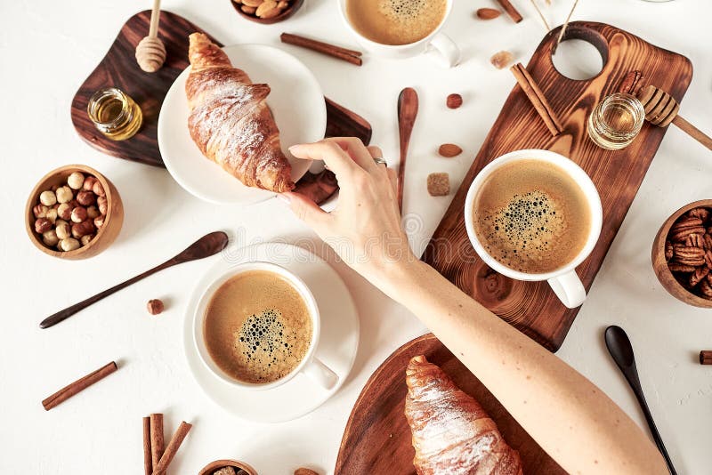 French Breakfast, Coffee and Croissant, Top View, Flat Lay Stock Photo ...