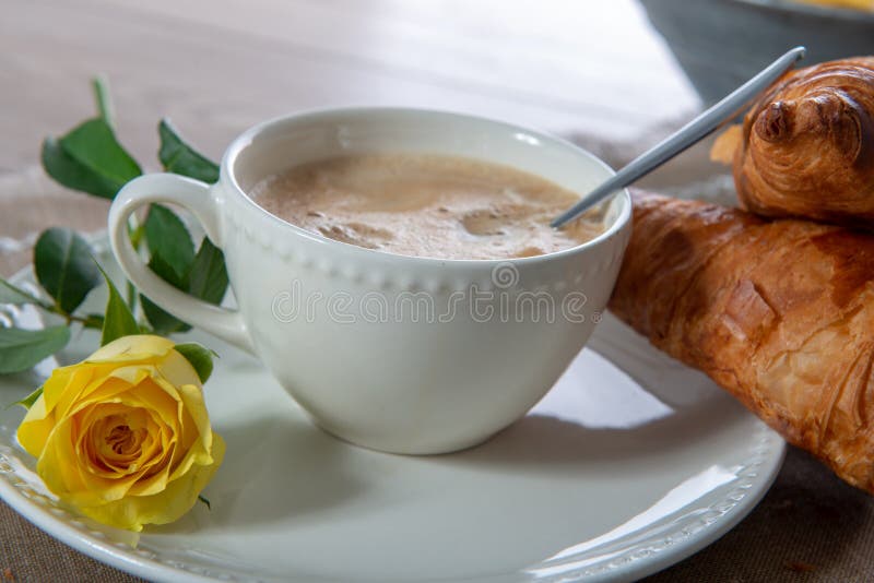 French Breakfast Coffee with Milk and Croissants Stock Photo - Image of ...