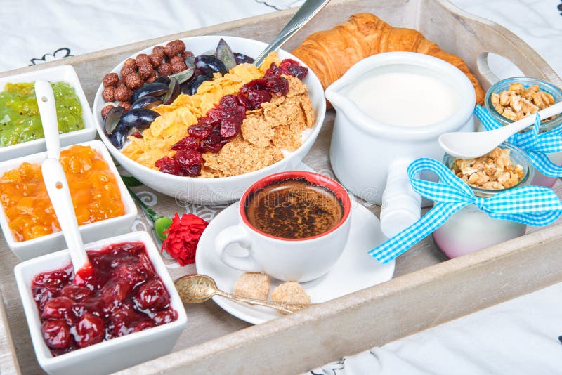 French Breakfast on a Wooden Tray Stock Photo - Image of bowl, french ...
