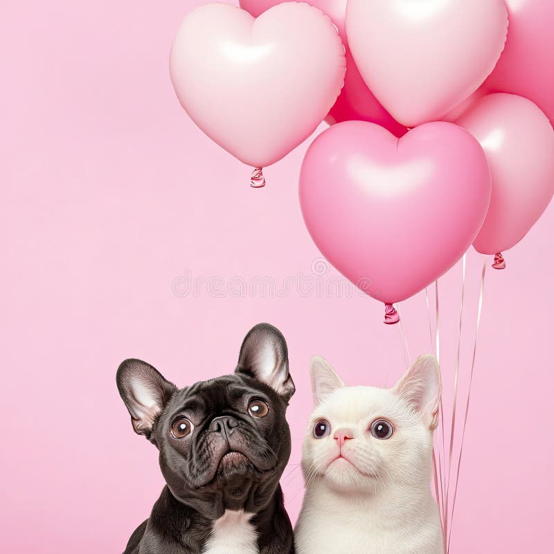 French Bulldog and Cat with Heart Balloons Stock Photo - Image of sweet ...