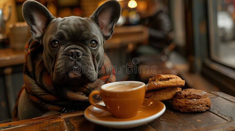 French Bulldog with Cup of Coffee and Cookies on the Table Stock ...