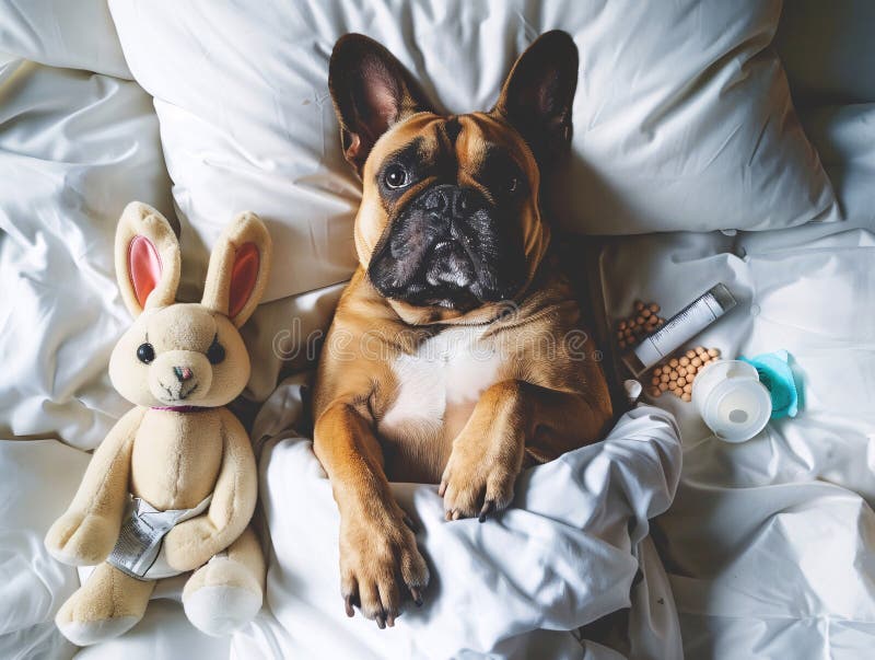 The French Bulldog Dog is Sick and Lies in Bed. Artificial Intelligence ...