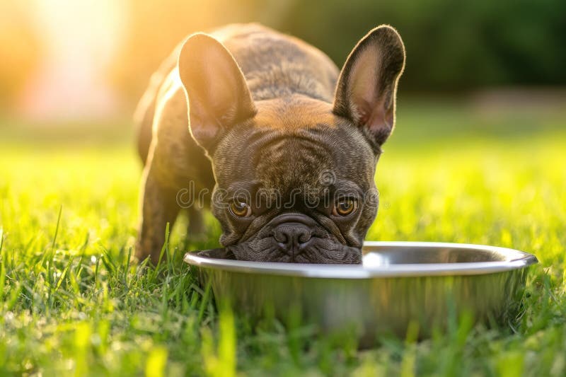 A French Bulldog Drinking from a Metal Bowl while Lying on Grass in ...