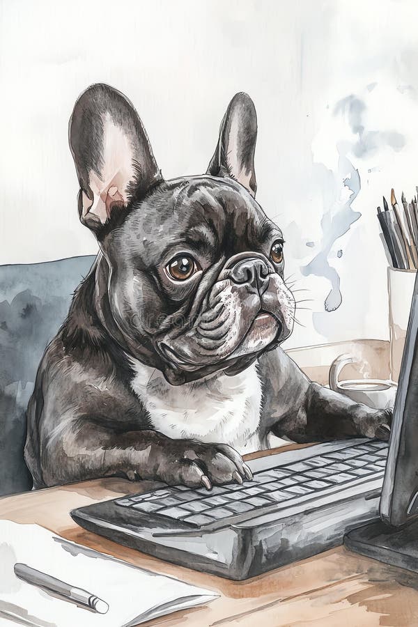 A French Bulldog Engrossed in Typing at a Computer Desk Stock ...
